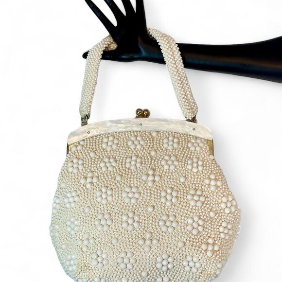 Vintage | Bags | 9450s Beaded Ivory Purse With Pearl Lucite Trim Kiss ...
